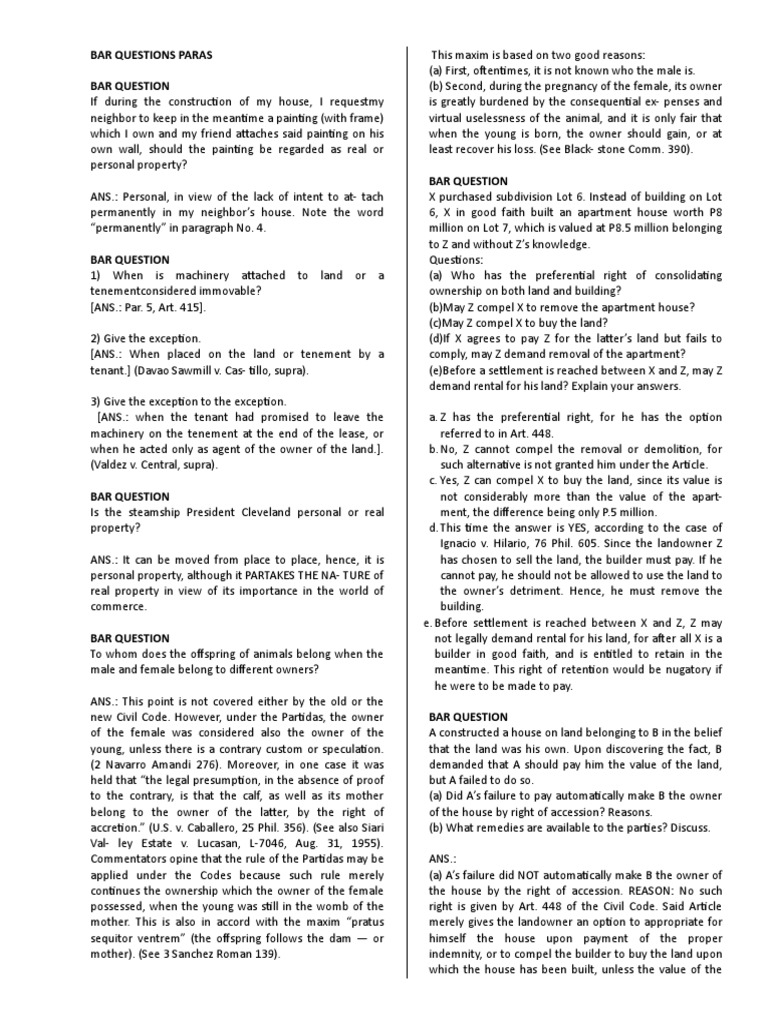 Bar Questions Paras Bar Question | PDF | Real Property | Easement