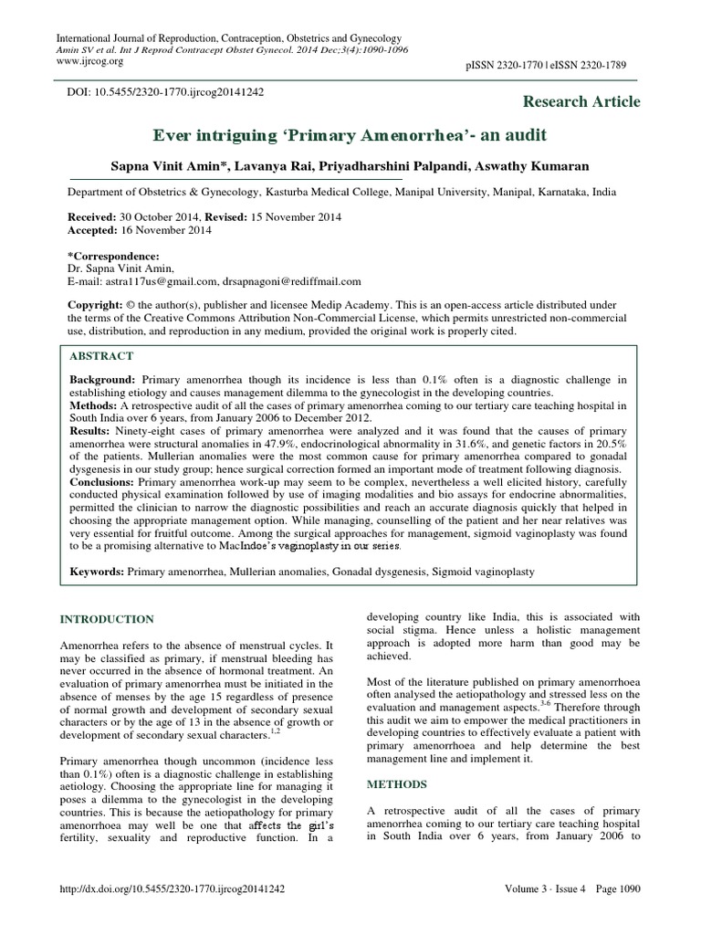 Ever Intriguing Primary Amenorrhea'-An Audit: Sapna Vinit Amin, Lavanya ...