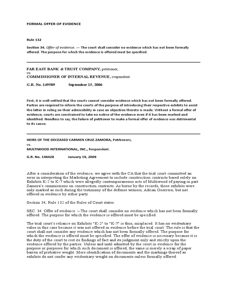 Formal Offer of Evidence | Evidence | Relevance (Law)