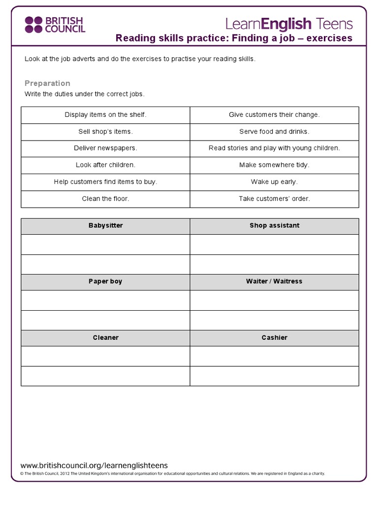 Reading Skills Practice: Finding A Job - Exercises: Preparation | PDF