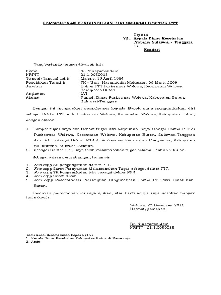 Permohonan Pengunduran Diri Sebagai Dokter PTT | PDF