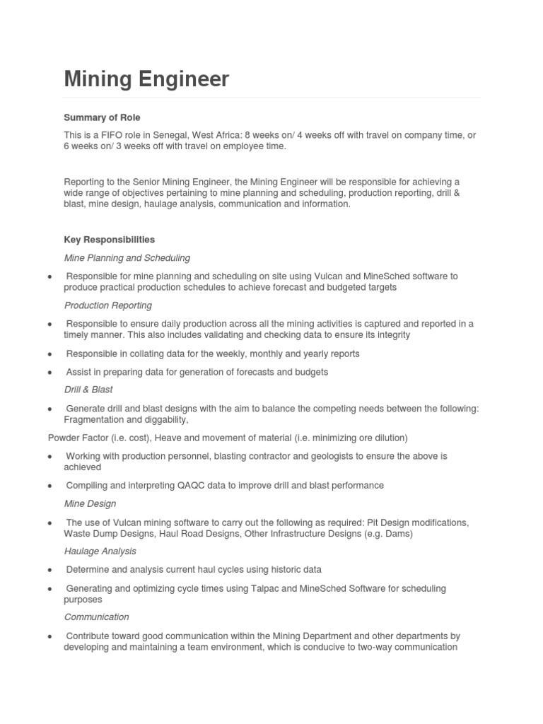 Mining Engineer: Summary of Role | PDF | Mining | Logistics