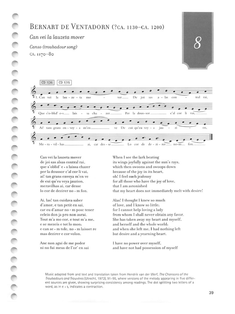 Bernart de Ventadorn (?ga. Li3o-Ca. 1200) : Canso (Troubadour Song ...