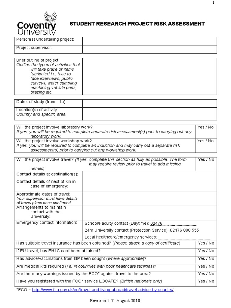 Student Research Project Risk Assessment: Your Supervisor Must Have ...
