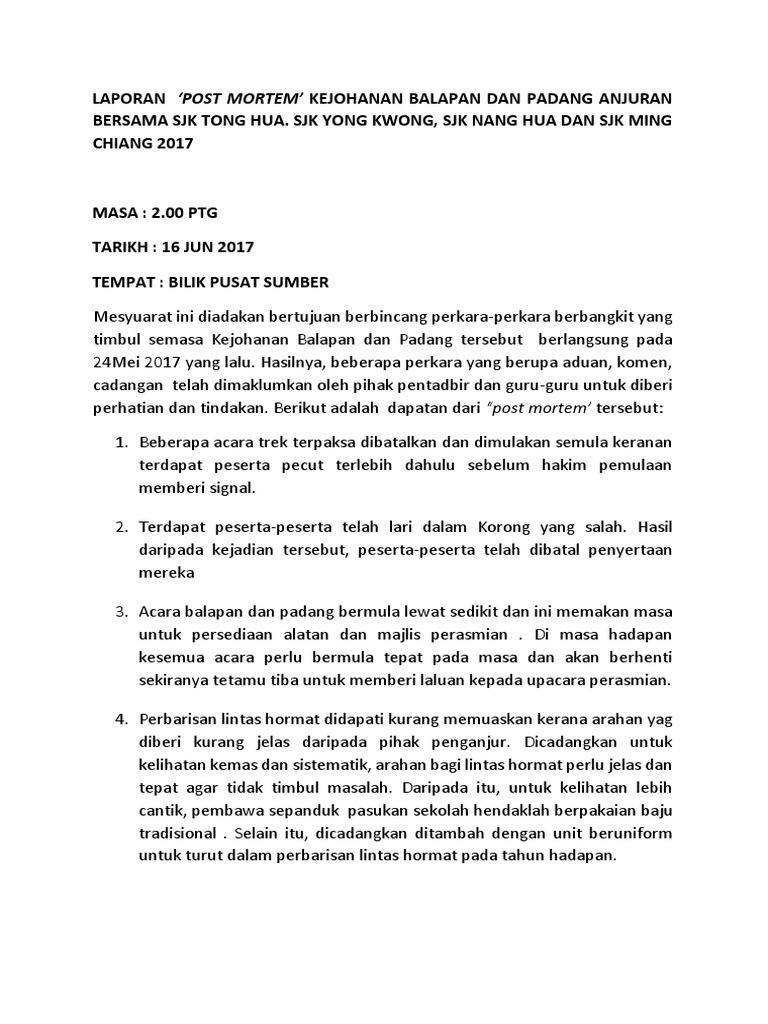 Post Mortem Kejohanan Sukan 2017 | PDF