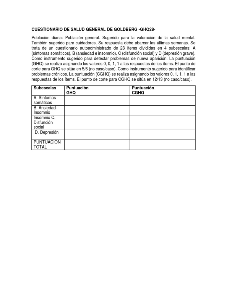 Cuestionario de Salud General de Goldberg | PDF