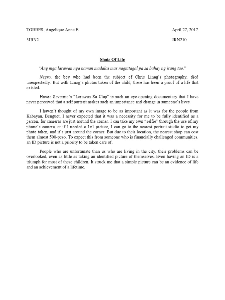 Larawan Sa Ulap - Documentary Reflection Paper | PDF