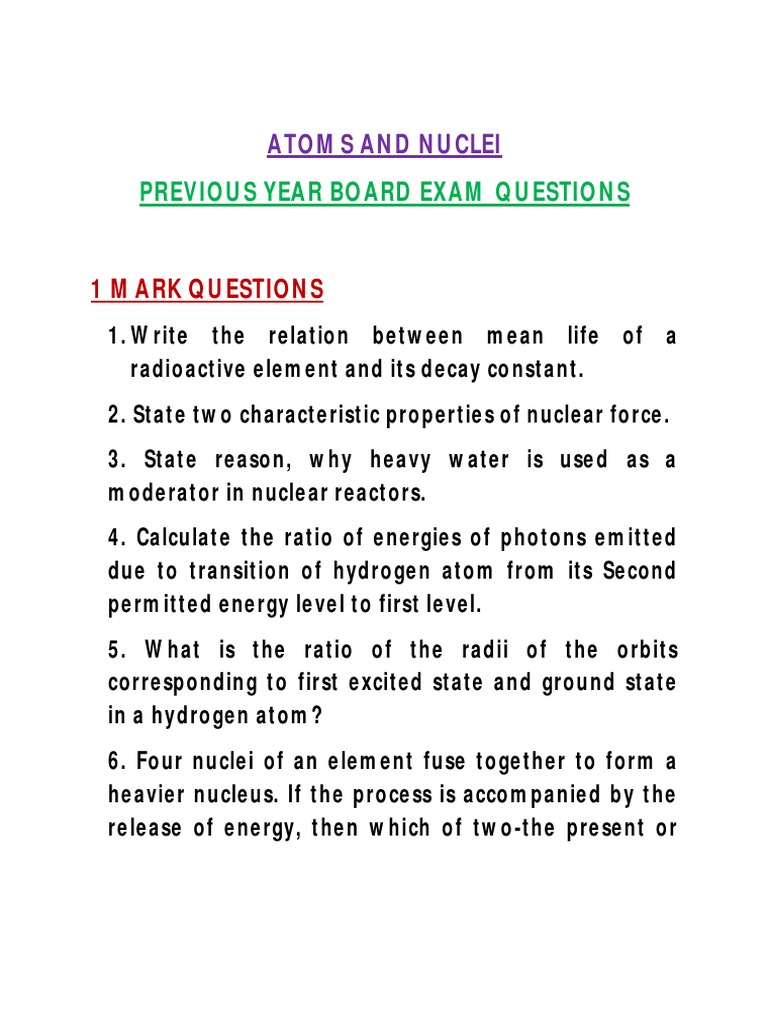 ATOMS AND NUCLEI BOARD EXAM QUESTIONS | PDF | Atoms | Radioactive Decay