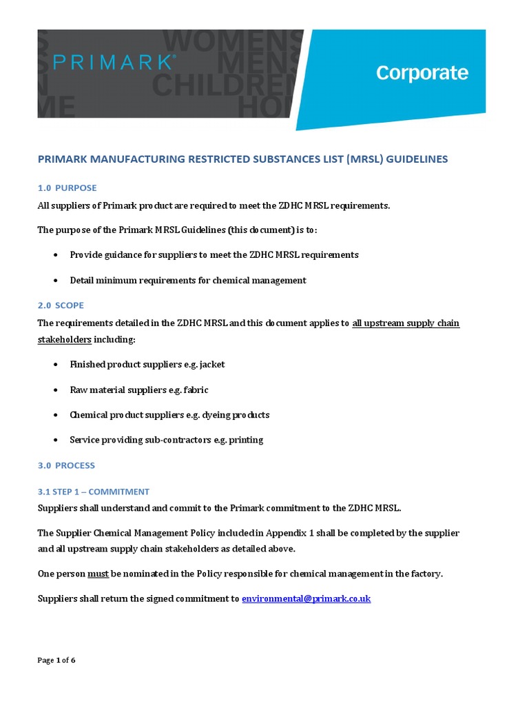 Primark Manufacturing Restricted Substances List (MRSL) Guidelines | PDF | Supply Chain | Industries