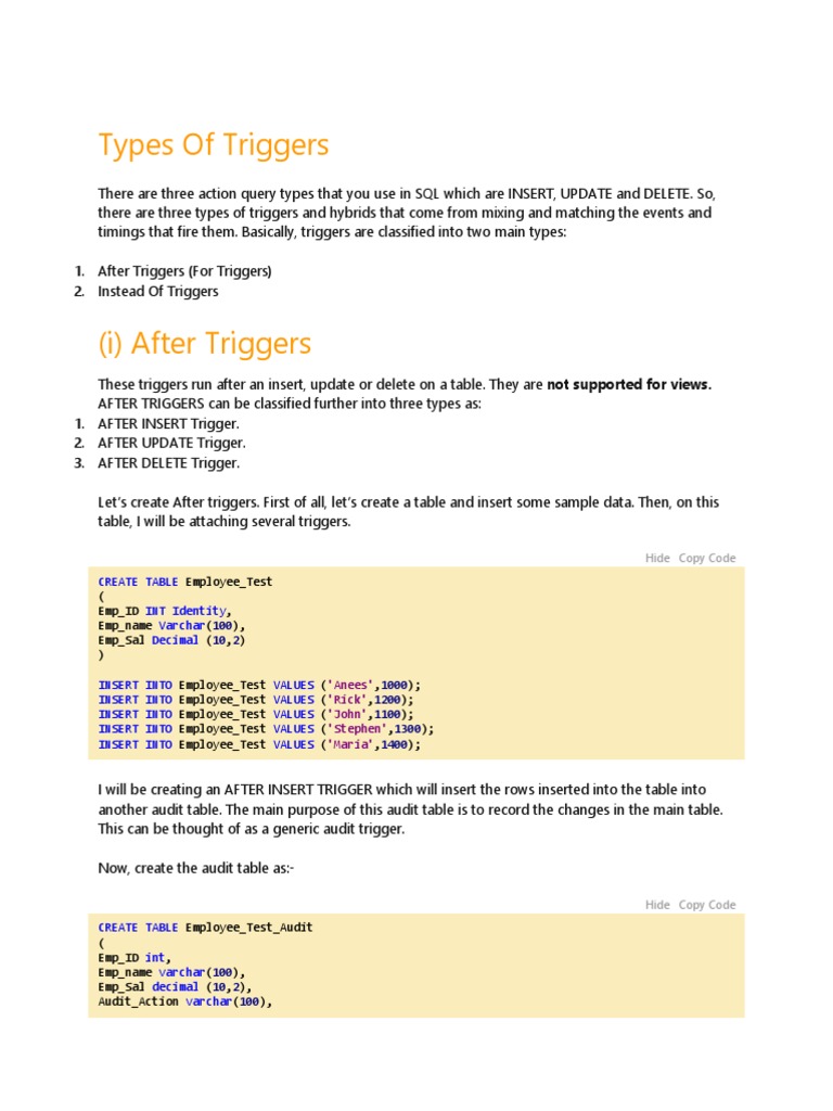 Types of Triggers: Create INT Identity Varchar Decimal | PDF | Data ...