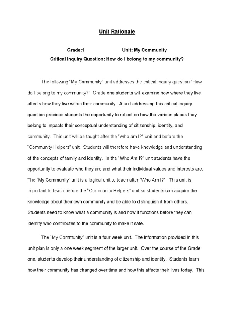 Unit Rationale: Grade:1 Unit: My Community Critical Inquiry Question ...