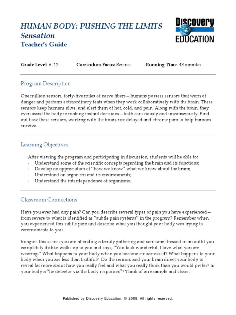 Human Body: Pushing The Limits Sensation: Teacher’s Guide | White Blood ...