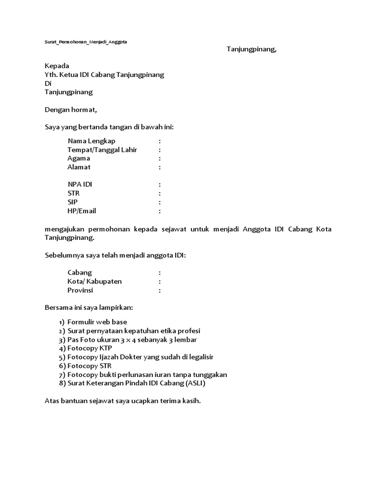 Surat Permohonan Menjadi Anggota | PDF