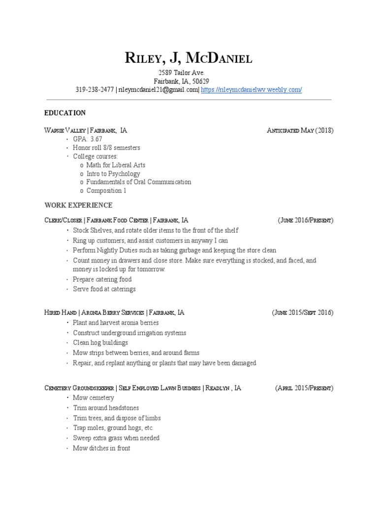 Riley McDaniel Resume: Education & Experience | PDF