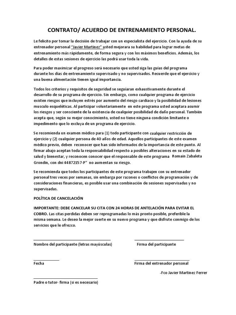 Contrato Acuerdo de Entrenamiento Personal | PDF | Ejercicio físico ...