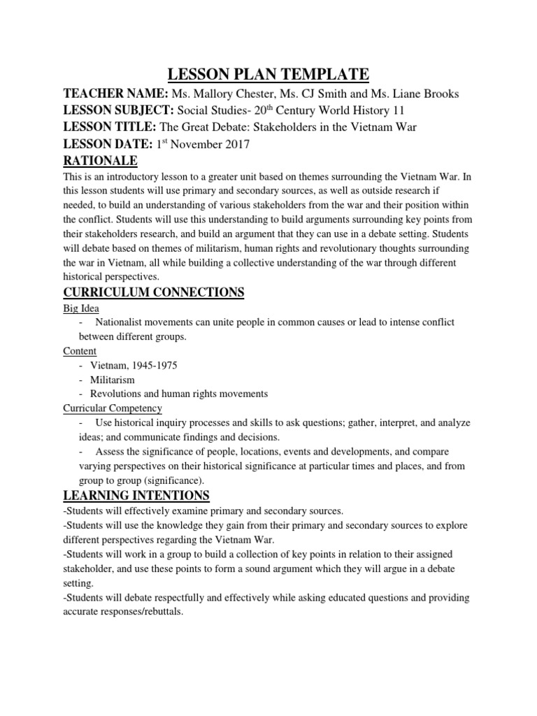Lesson Plan-Vietnam War | PDF | Curriculum | Teaching