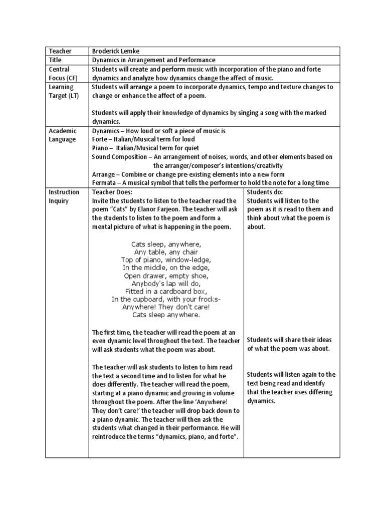 EDUC 250 Lesson Plan Dynamics | PDF | Musical Compositions | Performing ...