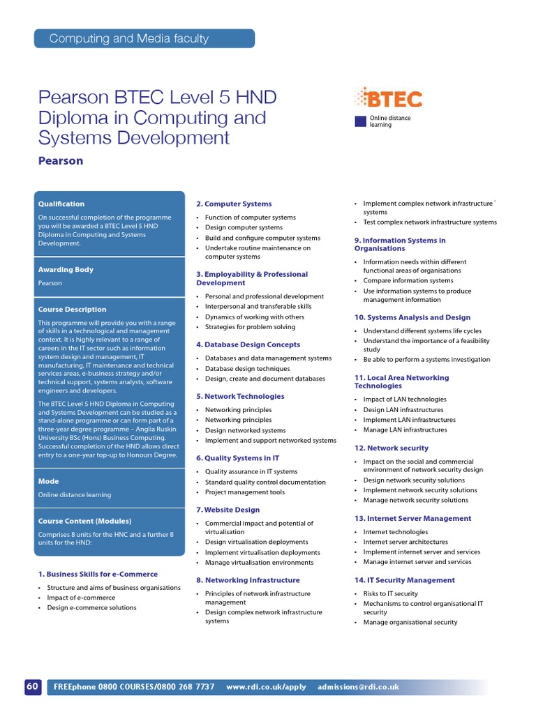 Btec Level 5 HND Diploma in Computing and Systems Development Edexcel ...