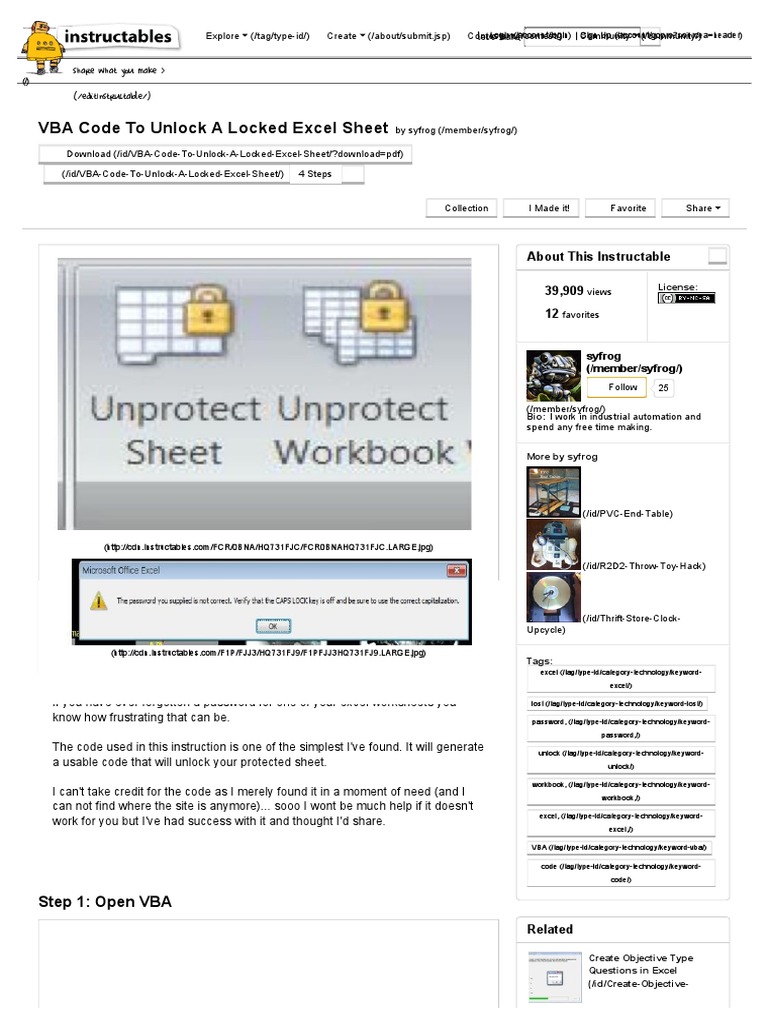 VBA Code To Unlock A Locked Excel Sheet | PDF | Microsoft Excel | Computing