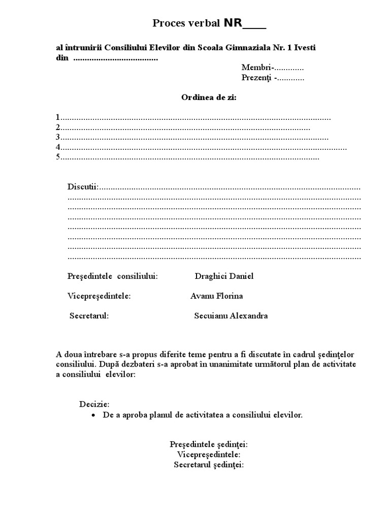 Procese Verbale Consiliul Elevilor