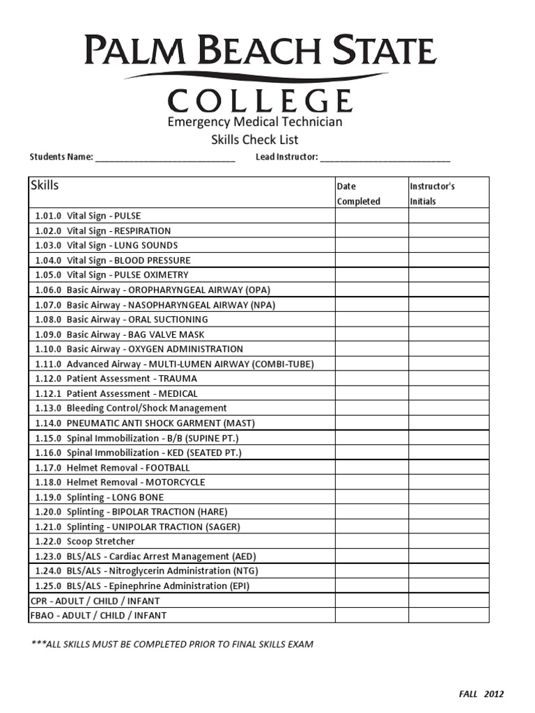 Emt Skill Sheets | PDF | Pulse | Emergency Medical Technician