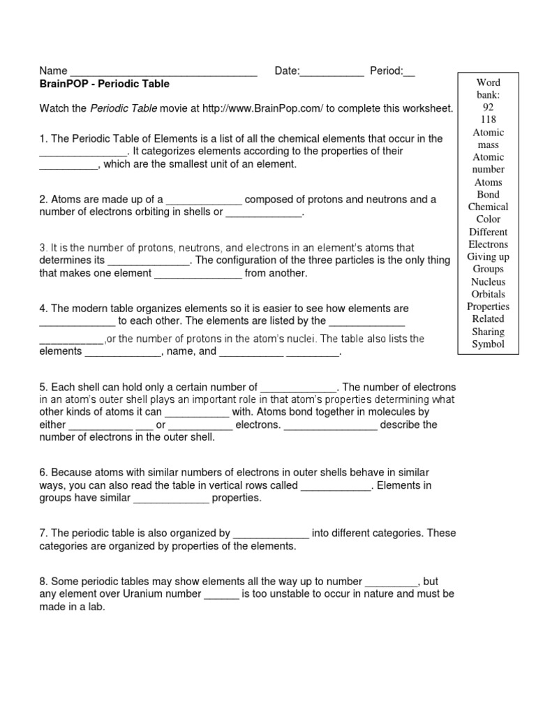 Brainpop Periodic Table Ws | PDF | Atoms | Chemical Elements
