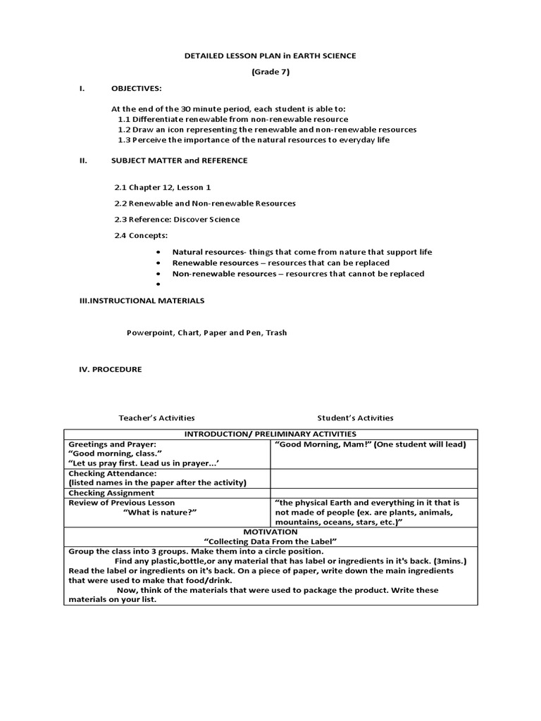 Grade 7 Earth Science Lesson Plan | PDF | Renewable Resources | Resource