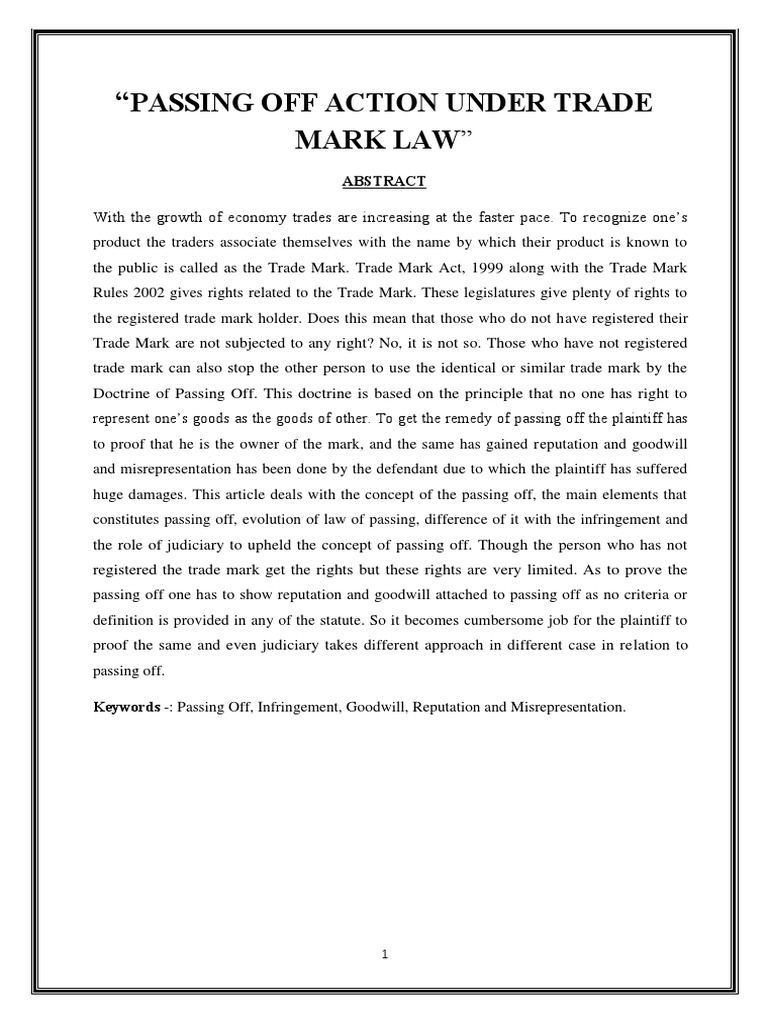 Passing Off Action Under Trade Mark Law | PDF | Trademark ...