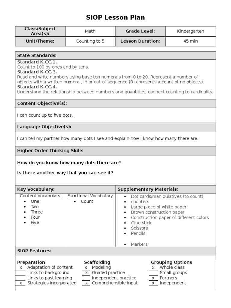 Kindergarten SIOP Math Lesson Plan | PDF | Lesson Plan | Applied Psychology
