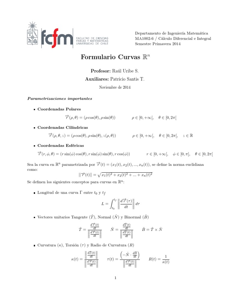 Formulario Curvas PDF | Descargar gratis PDF | Cálculo | Espacio