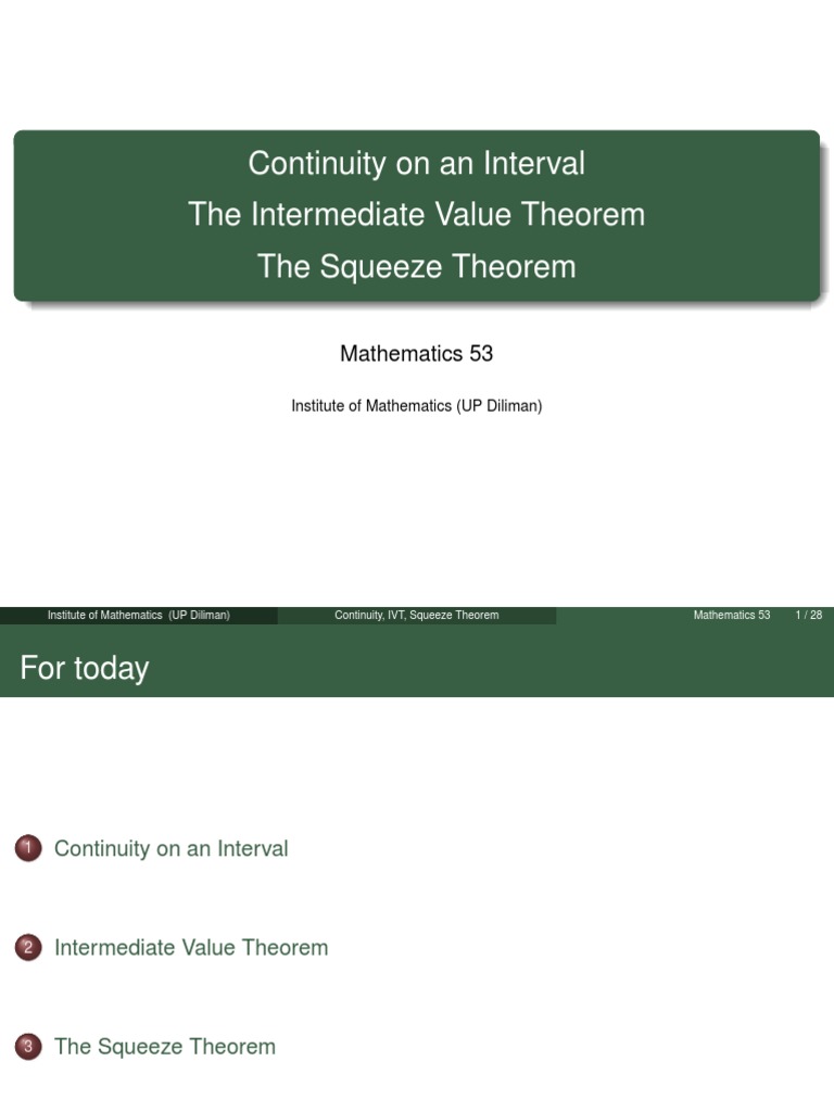 M53 Lec1.4 Continuity On An Interval IVT and Squeeze Theorem PDF | PDF | Continuous Function ...