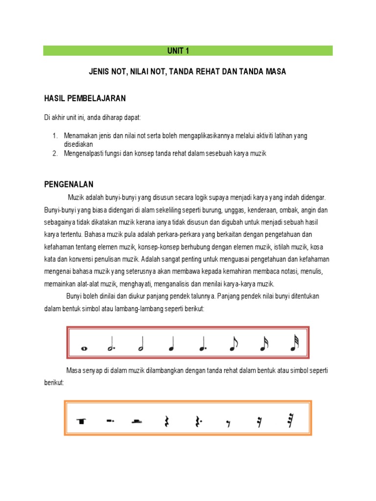 Jenis Not, Nilai Not, Tanda Rehat Dan Tanda Masa | PDF
