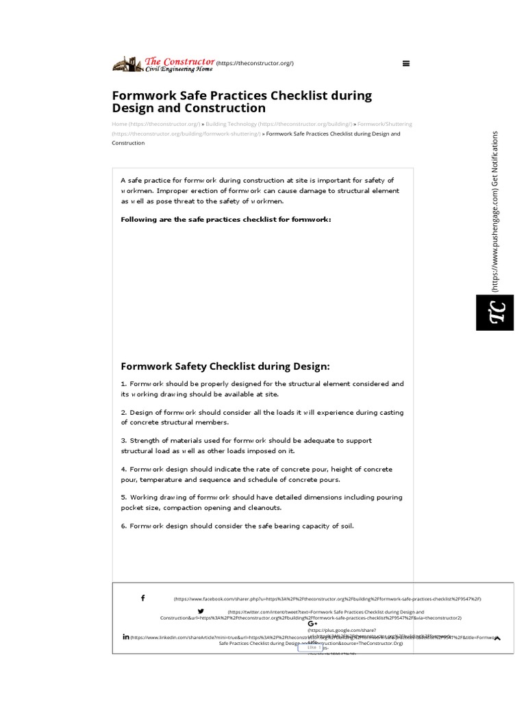 Formwork Safe Practices Checklist During Design and Construction | Concrete | Composite Material