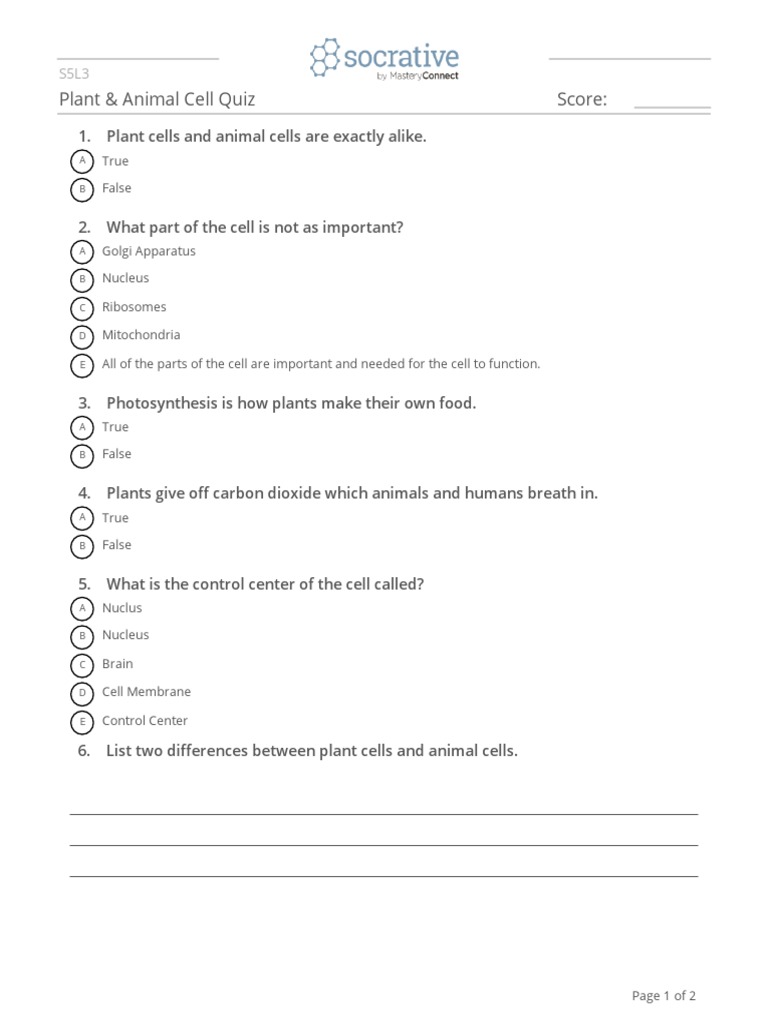 Plant and Animal Cell Quiz Questions | PDF