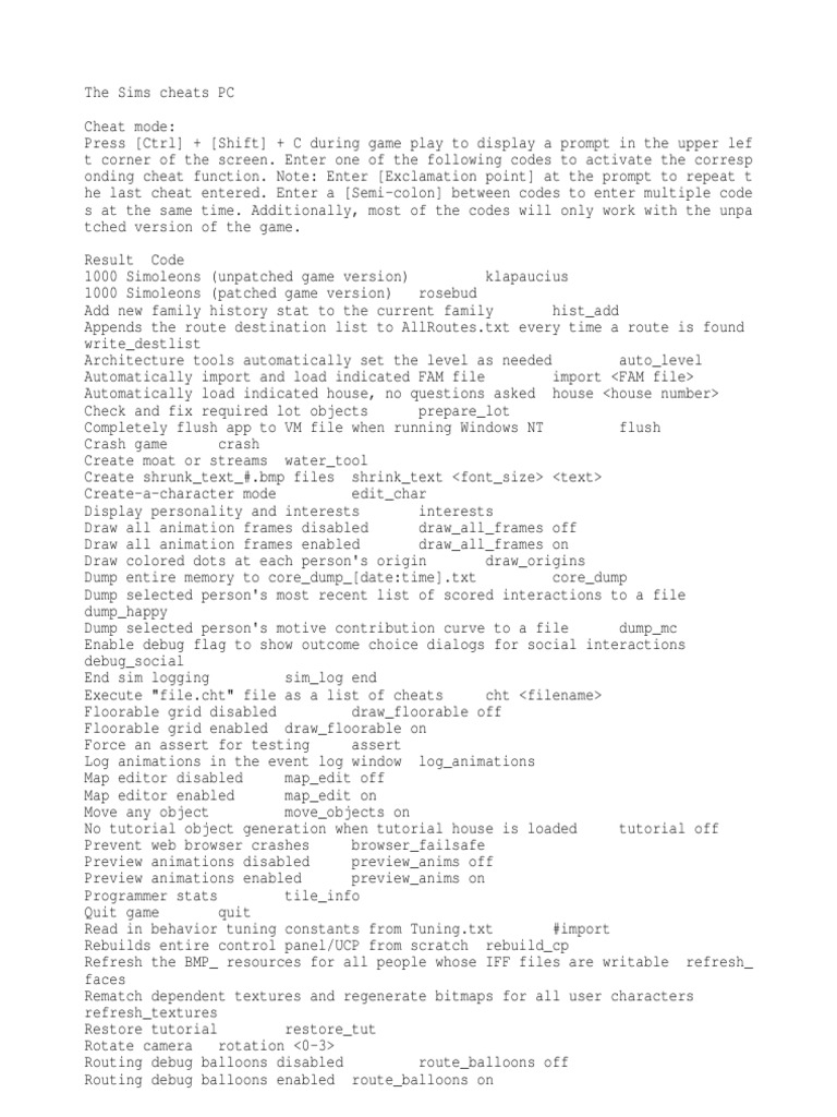 The Sims 1 Cheats, Codes, Hints and Tips | PDF | Cheating In Video ...