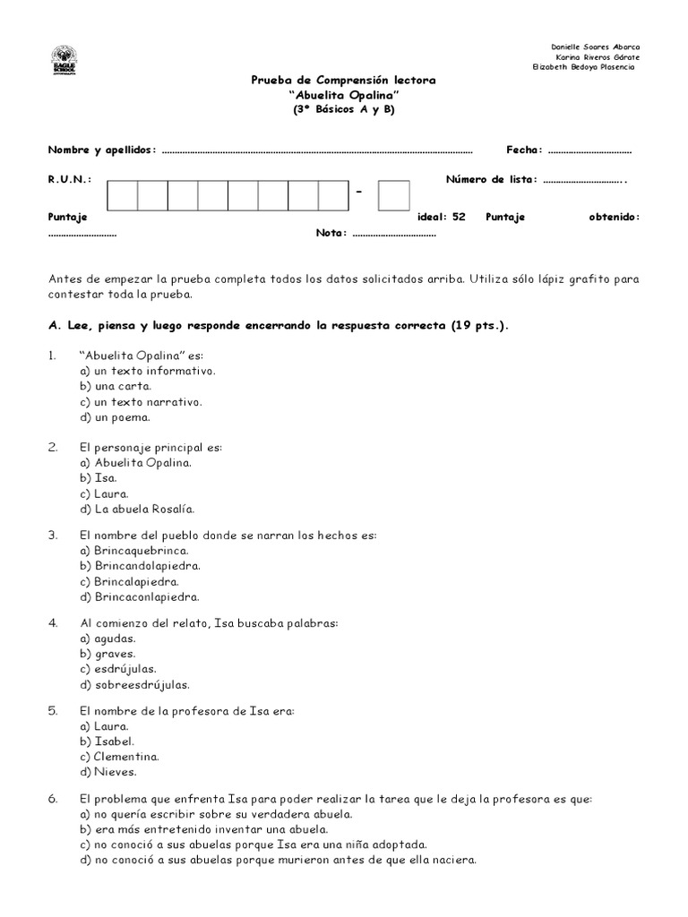 Prueba de Comprensión Lectora: "Abuelita Opalina" | PDF