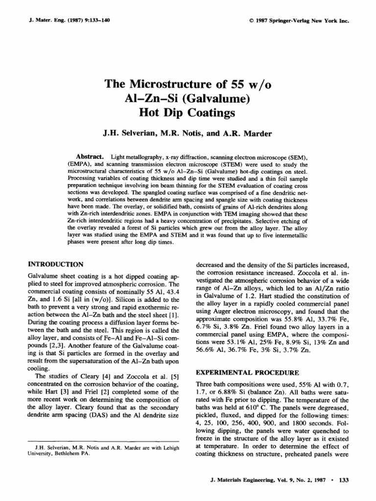 The Microstructure of 55 W / o AI-Zn-Si (Galvalume) Hot Dip Coatings ...