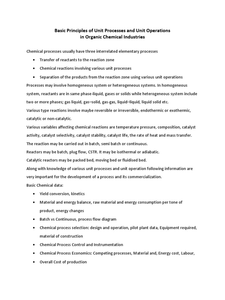 Basic Principles of Unit Processes and Unit Operations | PDF ...