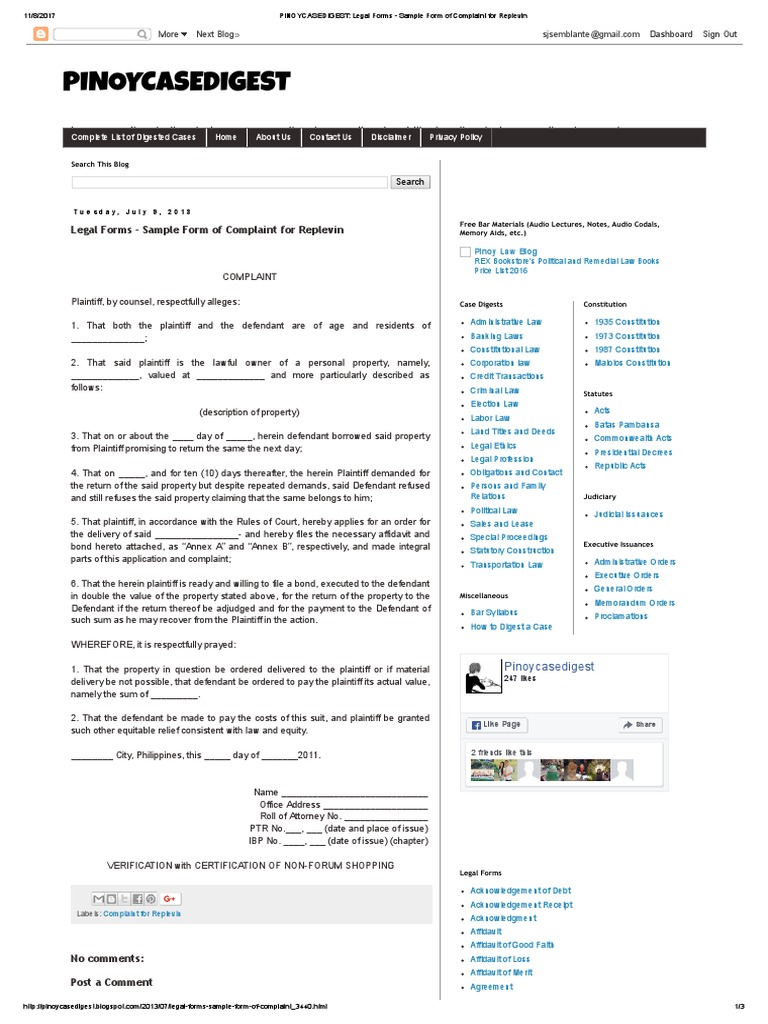 PINOYCASEDIGEST - Legal Forms - Sample Form of Complaint For Replevin ...