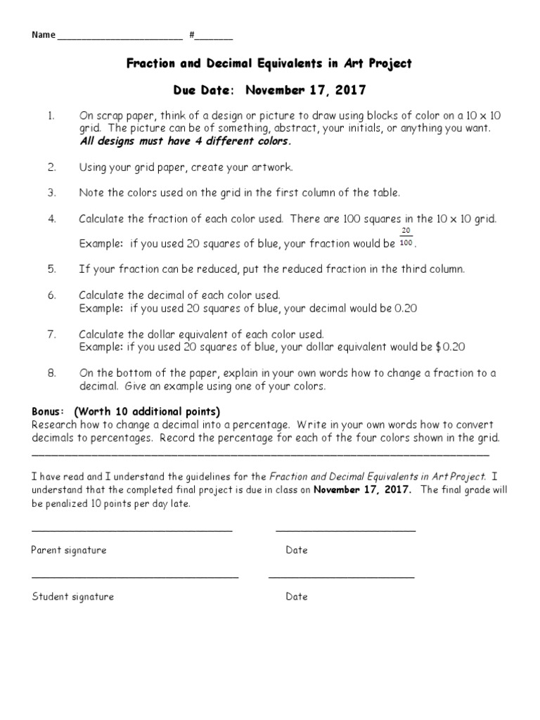 Fraction and Decimal Equivalents Art Project | PDF | Notation | Numbers