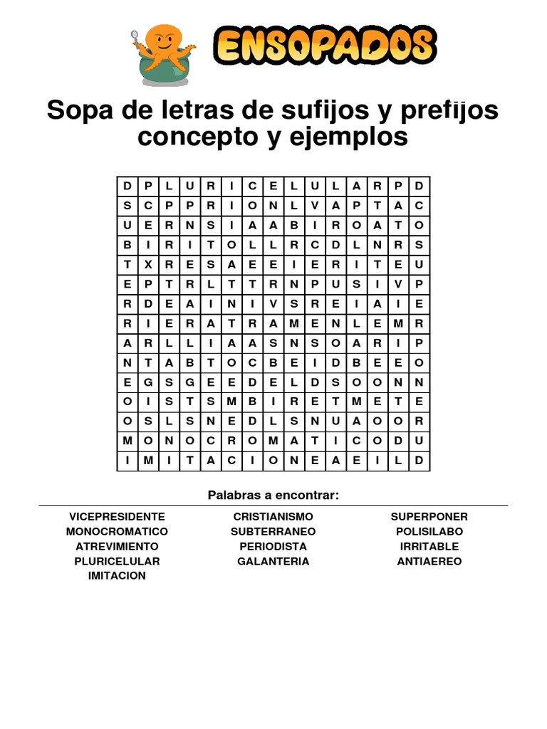 Sopa de Letras de Sufijos y Prefijos Concepto y Ejemplos | Lingüística ...