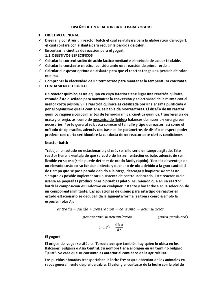 Diseño de Un Reactor Batch para Yogurt | PDF | Reactor Quimico | Yogur