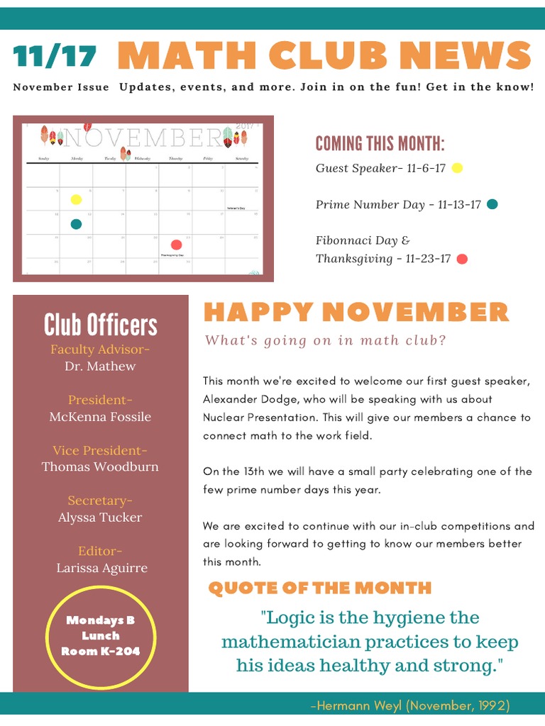 Math Club November Newsletter 2 | PDF | Time Travel | Teaching Mathematics