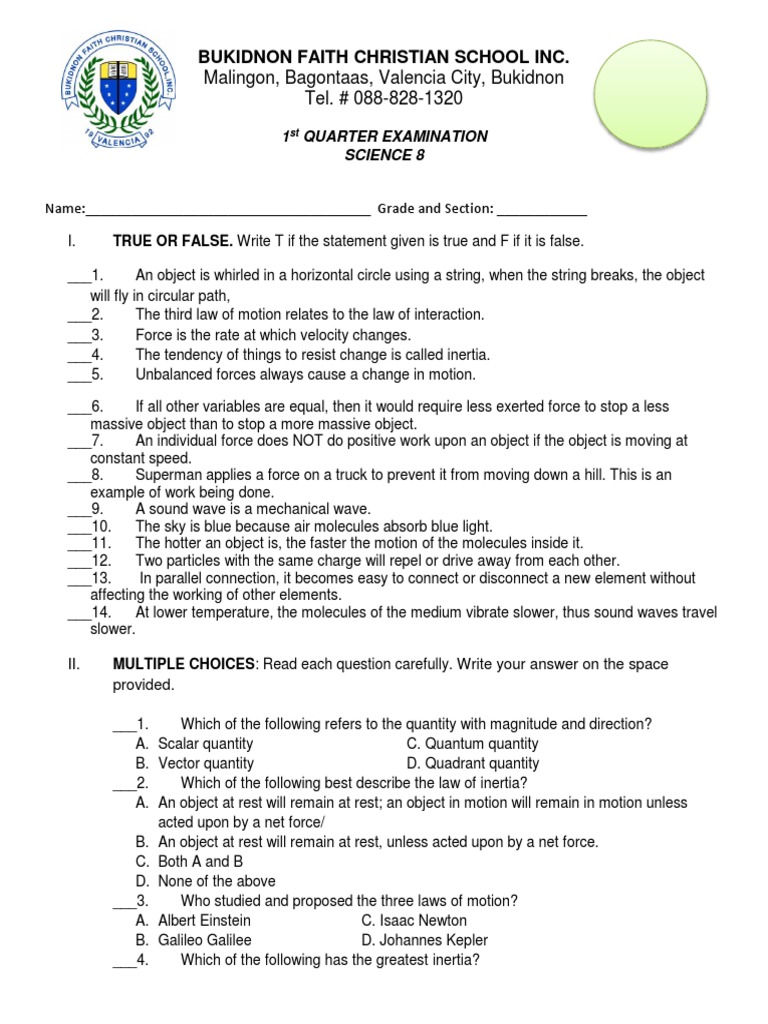 Grade 8 1st Quarter Examination OK! | PDF | Inertia | Force