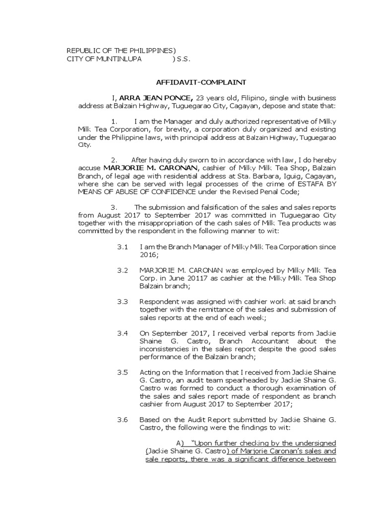 304827415 Sample Complaint Affidavit for Estafa Case (ARRA) | Affidavit ...