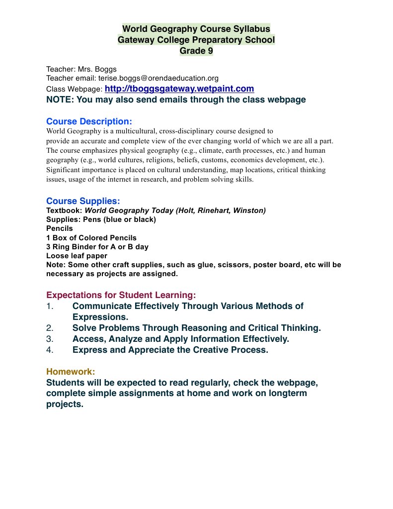 Course Description:: World Geography Course Syllabus Gateway College ...