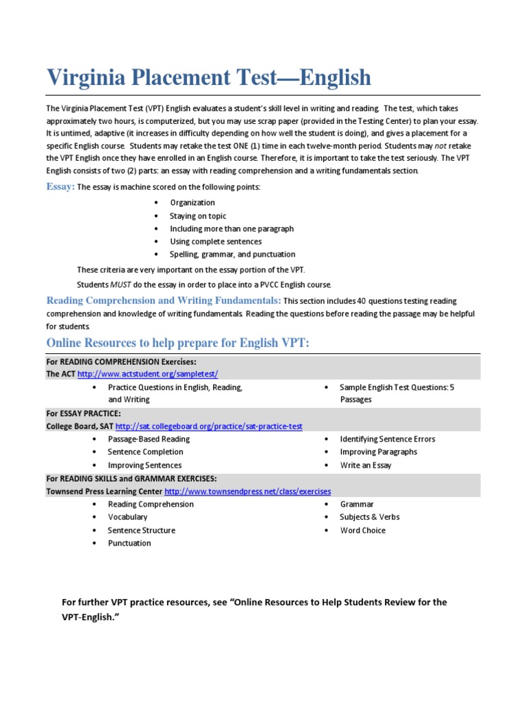 Virginia Placement Test Prep-English | PDF | Reading Comprehension ...