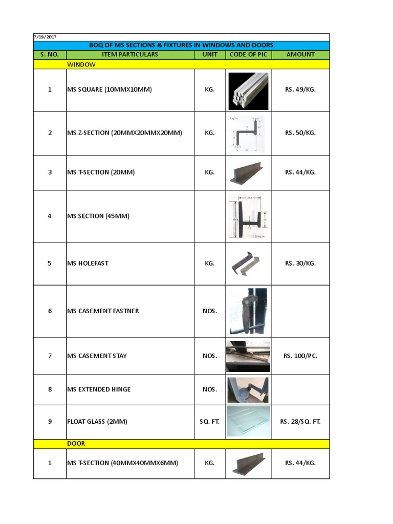 Boq of Ms Sections & Fixtures in Windows and Doors | PDF