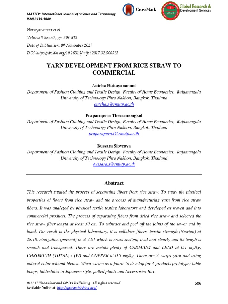 Yarn Development From Rice Straw To Commercial | PDF | Textiles | Yarn