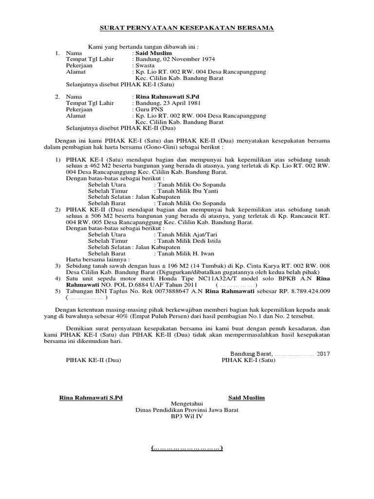 Surat Pernyataan Kesepakatan Bersama | PDF